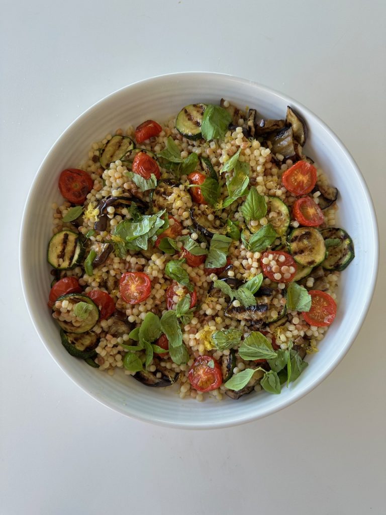 Fregola salad with griddled courgettes, aubergines and roasted tomatoes ...